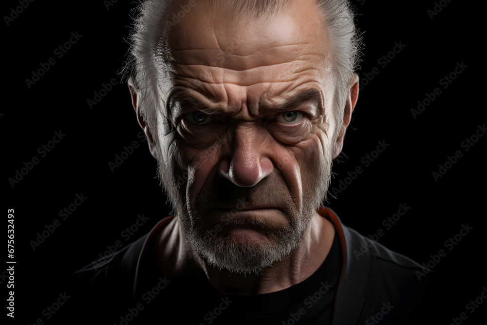 Angry mature Caucasian man, head and shoulders portrait on black ...