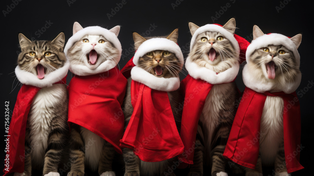 choir of cats singing Christmas theme with red santa claus hats and red ...
