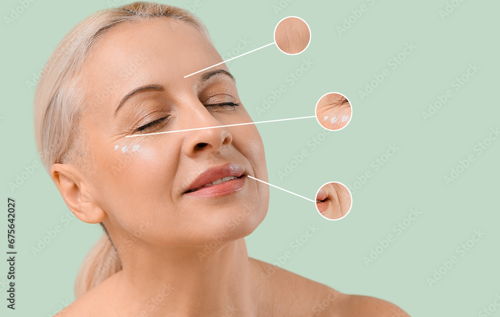 Mature woman with cream on her face and macro view of her skin texture ...