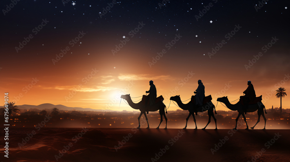 The three Biblical Wise Men going to Bethlehem to see the birth of the ...