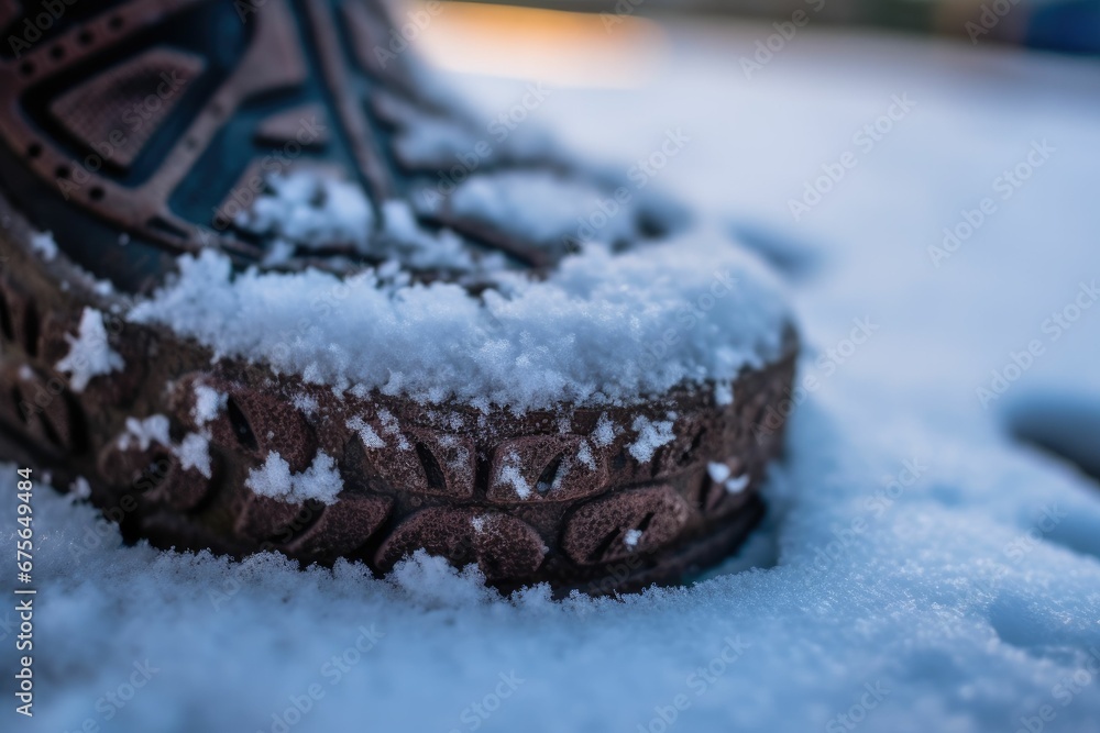 snow-covered boots, captured up close as they leave footprints in fresh ...