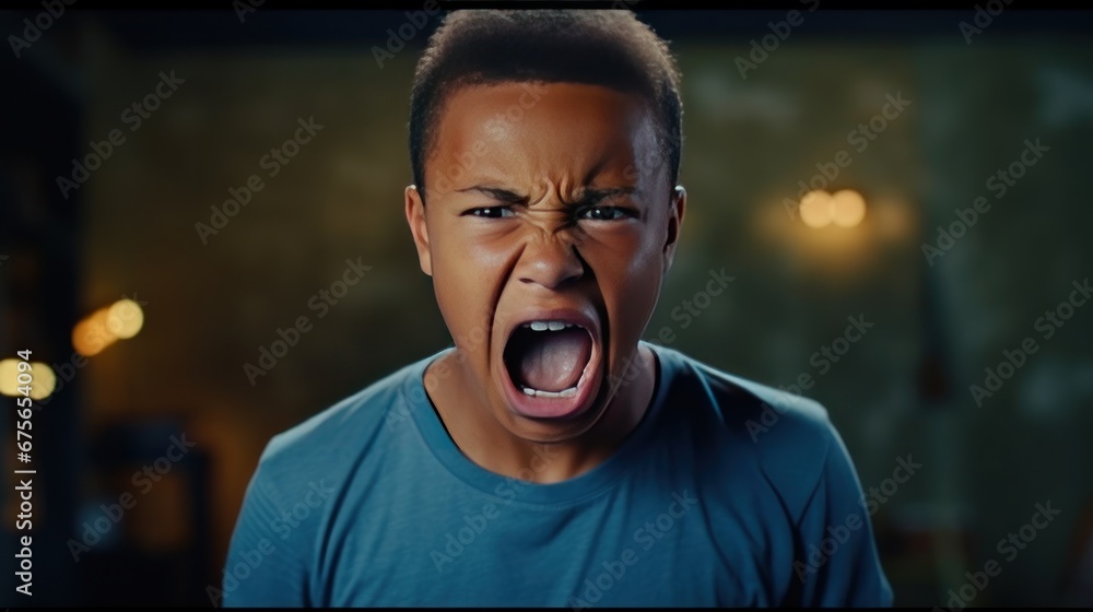 Angry irritated African American boy. Full of rage. Emotional portrait ...