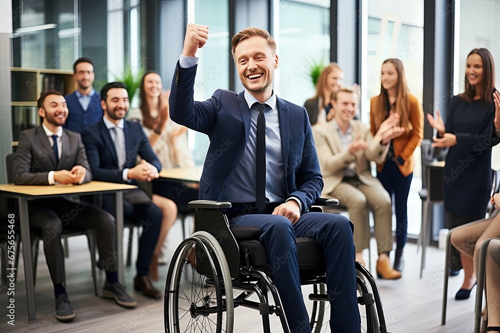 Middle-aged contented and successful people with disabilities serve as ...