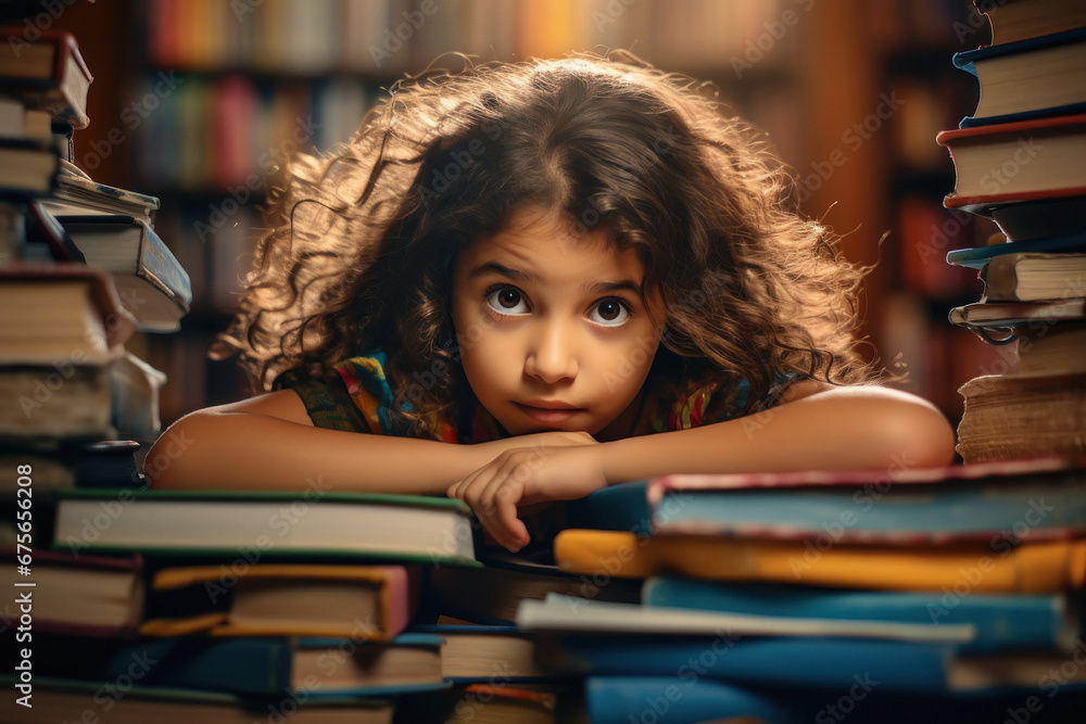 Indian little girl sitting in library with many books Stock Photo ...