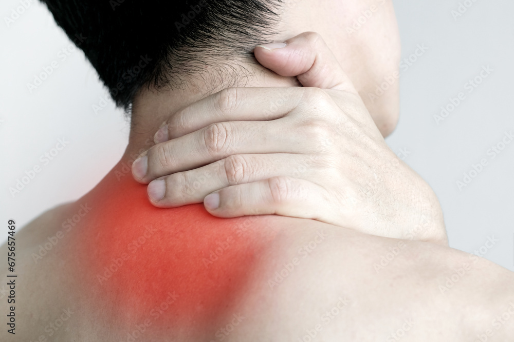Man has neck and shoulder pain He squeezed and massaged the pain in the ...