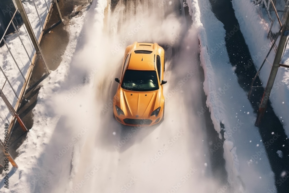 extreme car race on an icy lake, seen from a crane above. The ...
