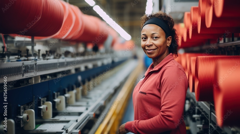 A mature African American woman works carefully in a weaving factory. A ...