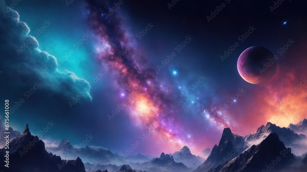 Nebula seen from mountain. Gascloud. Cosmic art. Galactic art. 4K - 8K ...