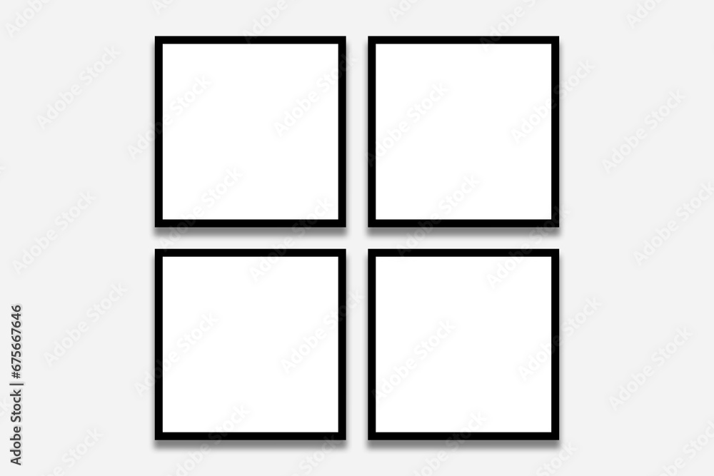 4 Blank white square photo frames with black borders in a simple layout ...