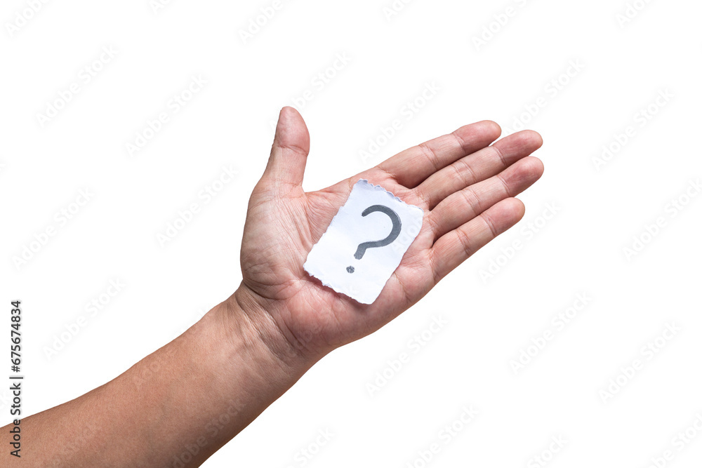Palm of hand showing a paper with a question mark symbol. Isolated, on ...
