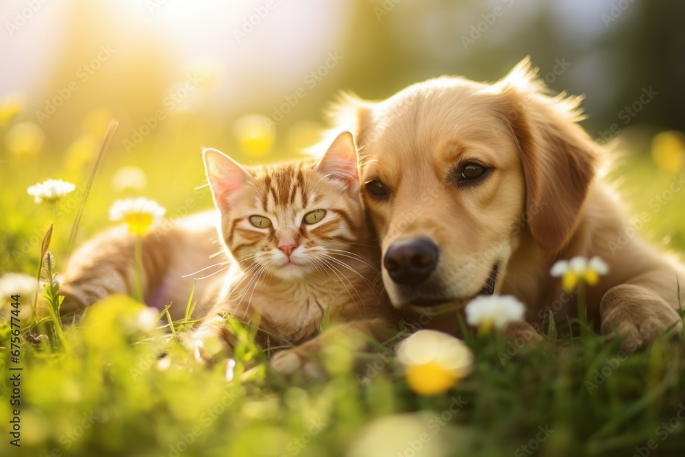 Cute dog and cat lying together on a green grass field nature in a ...