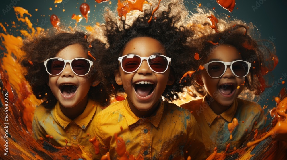 Collage Stylish Little Children On Color, Ultra Bright Colors ...