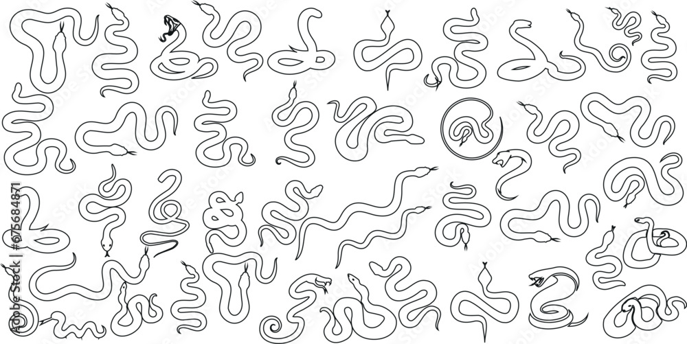 snakes outline, line art vector illustration, Features various poses ...