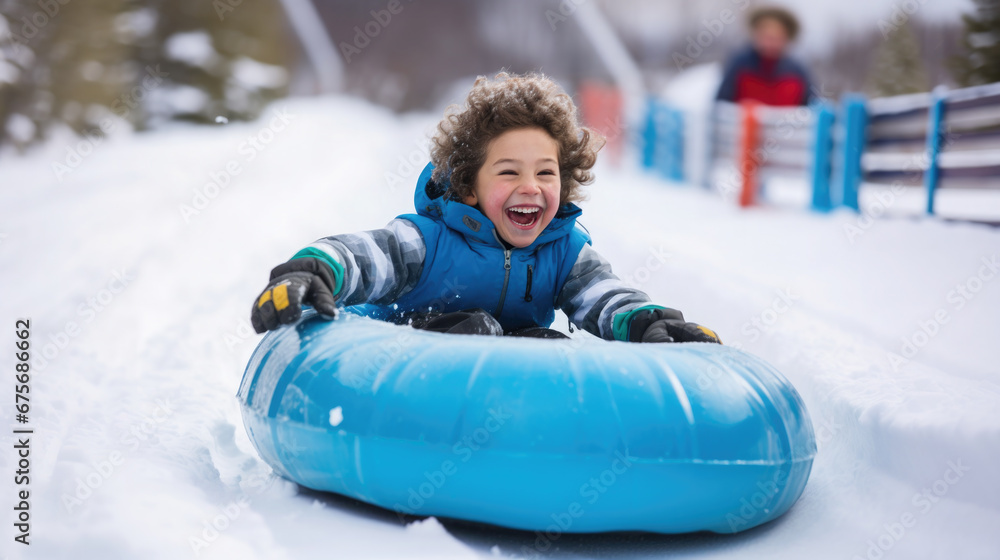 cheerful child rolling down the slope on a sled, tubing, winter ...