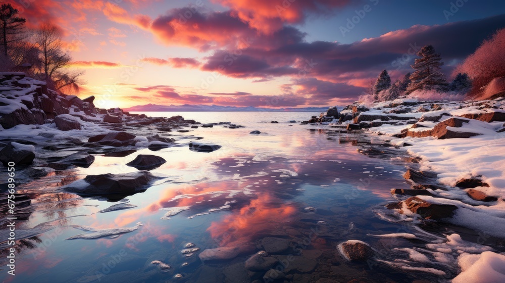 Picturesque Panoramic Scenery Snowy Baltic Sea, Ultra Bright Colors ...