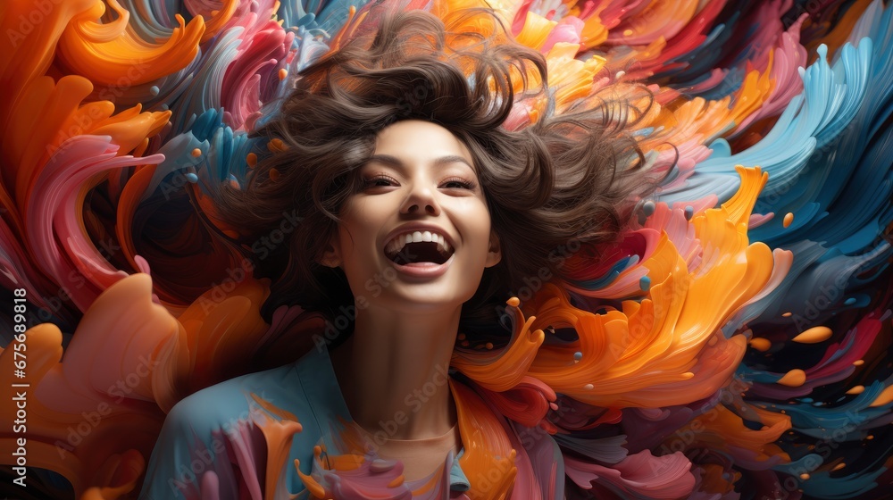 Portrait Carefree Asian Woman Knitted Sweater, Ultra Bright Colors ...