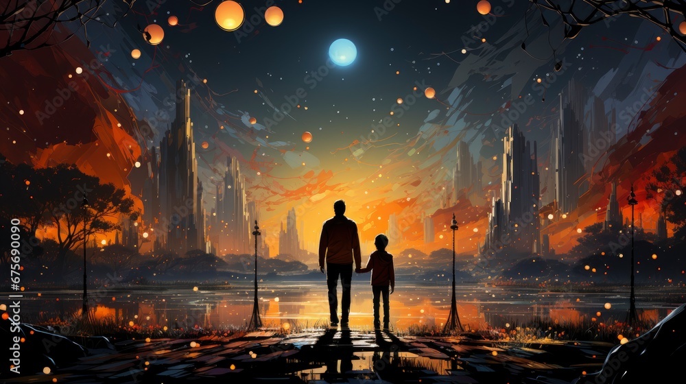 Rear View Family Two Small Children, Ultra Bright Colors, Background ...