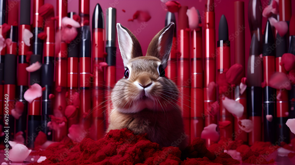Rabbit on the background of lipsticks. Cosmetics animal testing concept ...