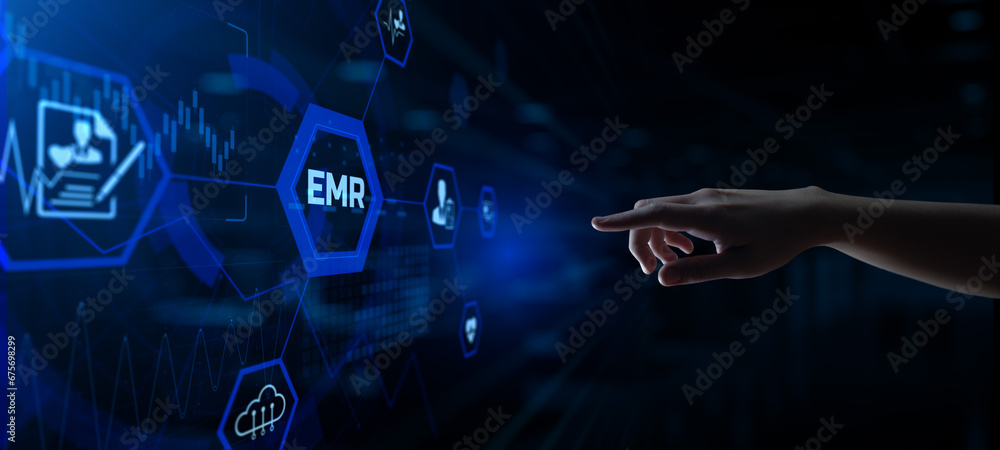 EMR Electronic medical record hospital database system. Hands pressing ...