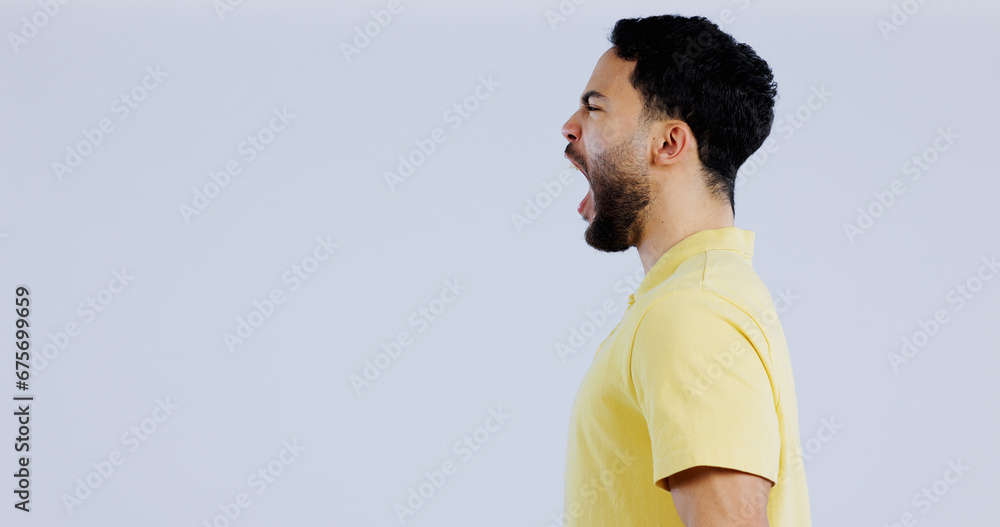 Scream, angry and man in studio at mockup space for crisis, conflict ...