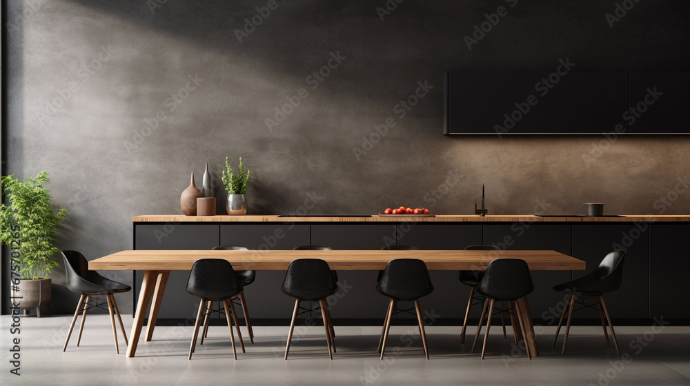 large kitchen room with modern interior design with wood table and ...