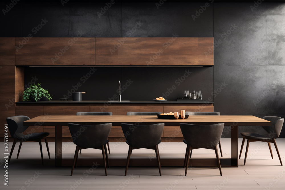 large kitchen room with modern interior design with wood table and ...