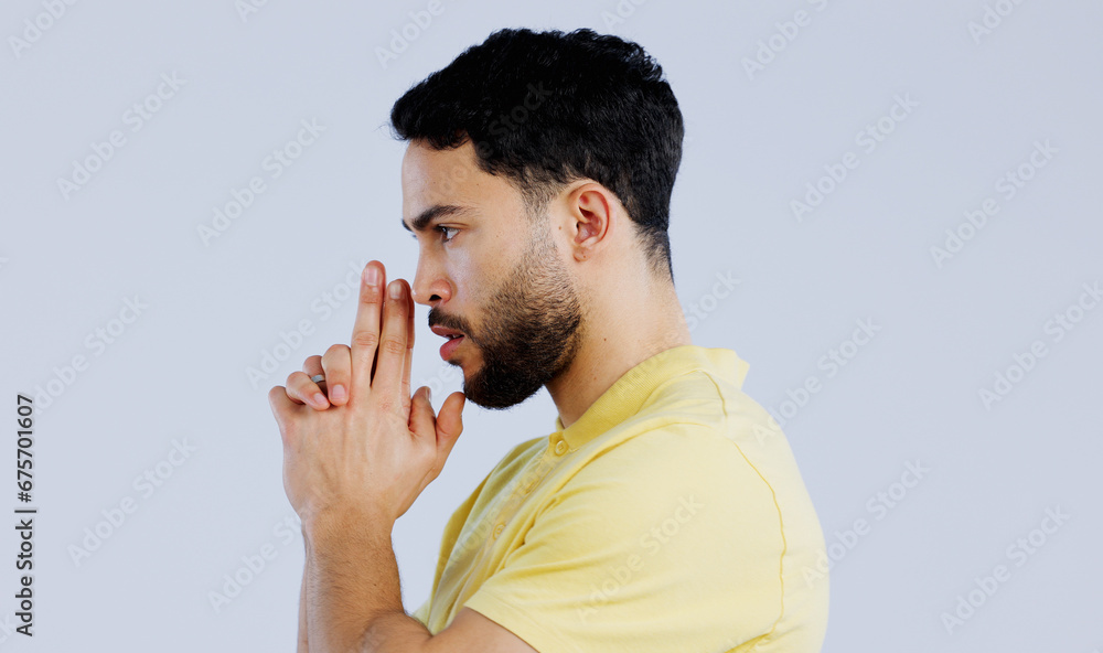 Finger gun, pointing and profile of man in studio with aim for target ...