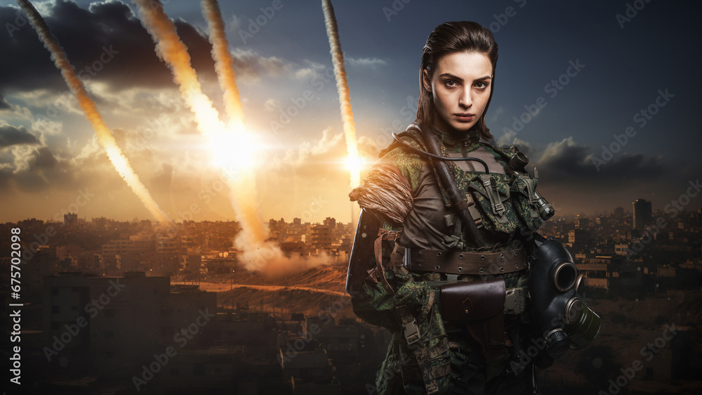 Female soldier in military uniform striking a pose against the backdrop ...