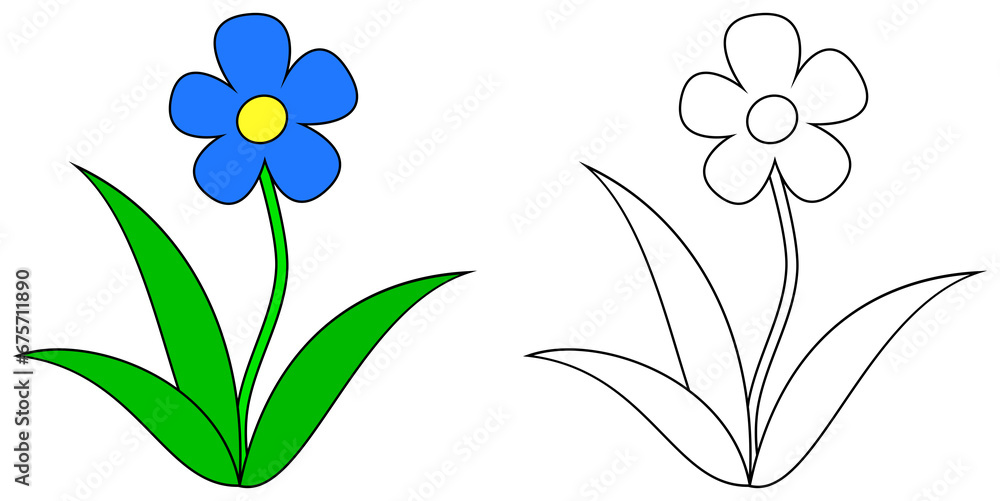 Blue flower colorful and outline. Coloring book page for children ...