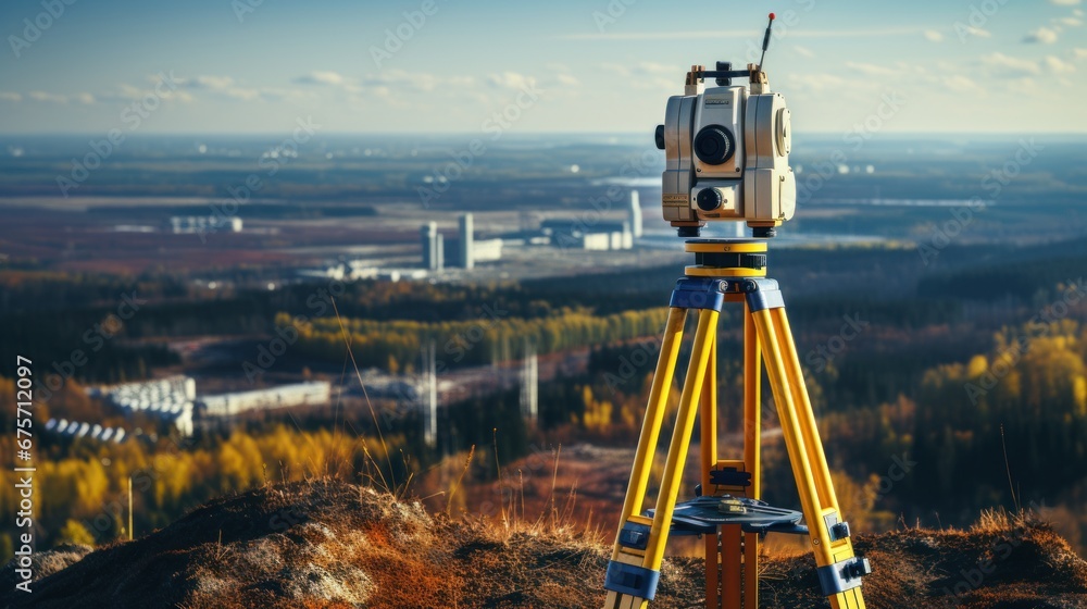 surveyor work, laser optical theodolite on tripod. Engineer control ...