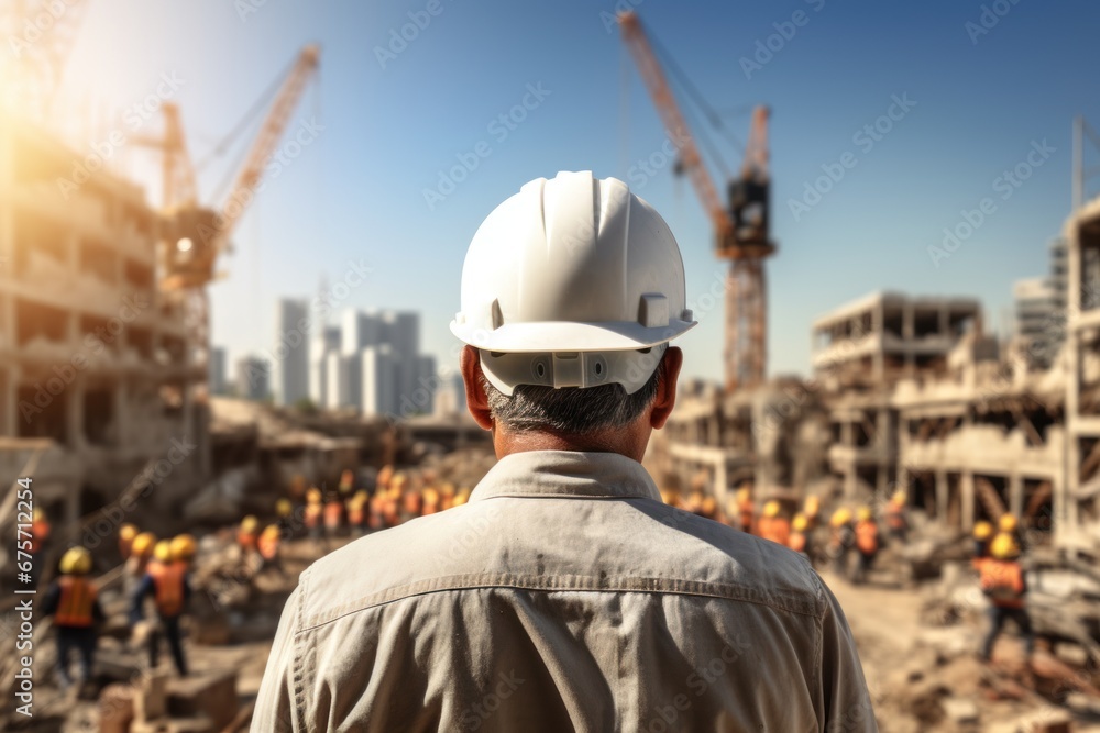 Civil Engineer hold hard hat background of concrete mixer and pump of ...