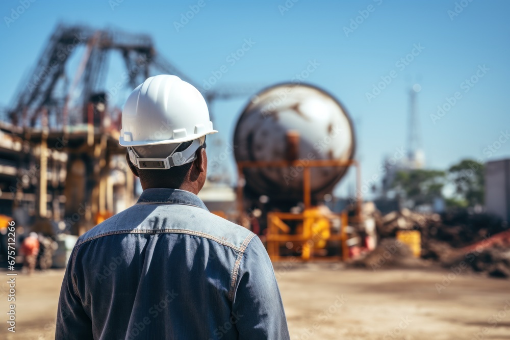 Civil Engineer hold hard hat background of concrete mixer and pump of ...