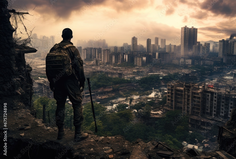 Soldiers stand on rubble in a devastating war zone Stock Illustration ...
