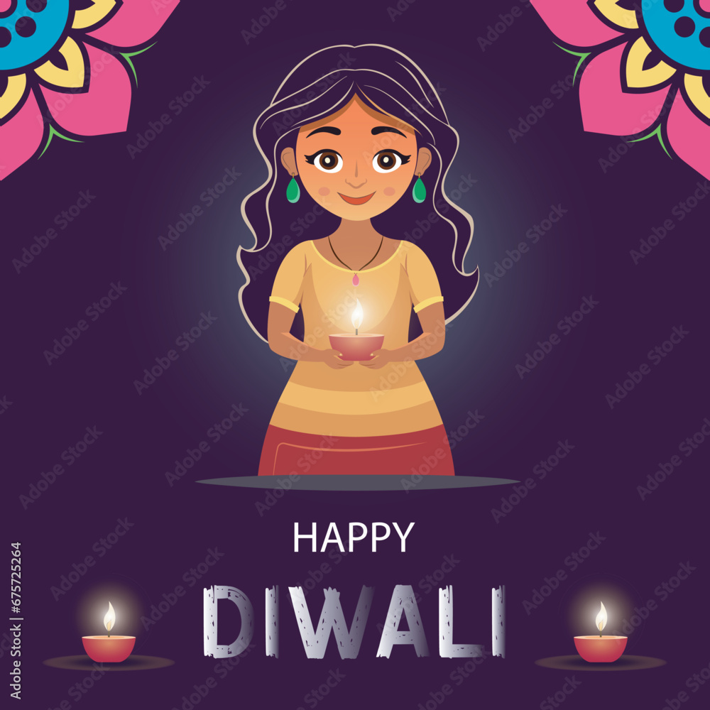 Happy Diwali Background Vector Illustration with Cartoon girl holding ...