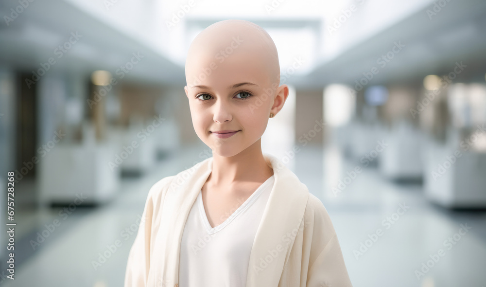 Portrait of a little girl patient with shaved head after chemotherapy ...