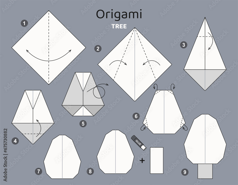 Tree origami scheme tutorial moving model. Origami for kids. Step by ...