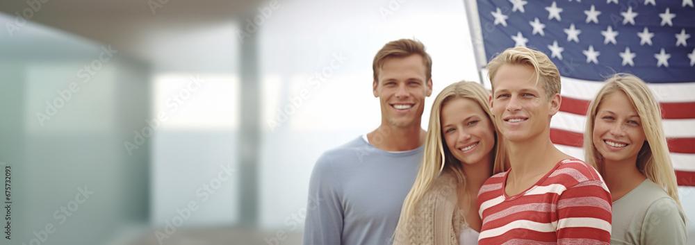Proud group of blond American friend by Flag of the United States ...