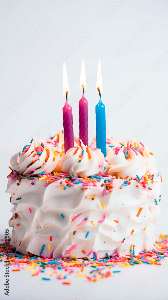 Colorful delicious Birthday cake with lit candles, sprinkles, frosting ...