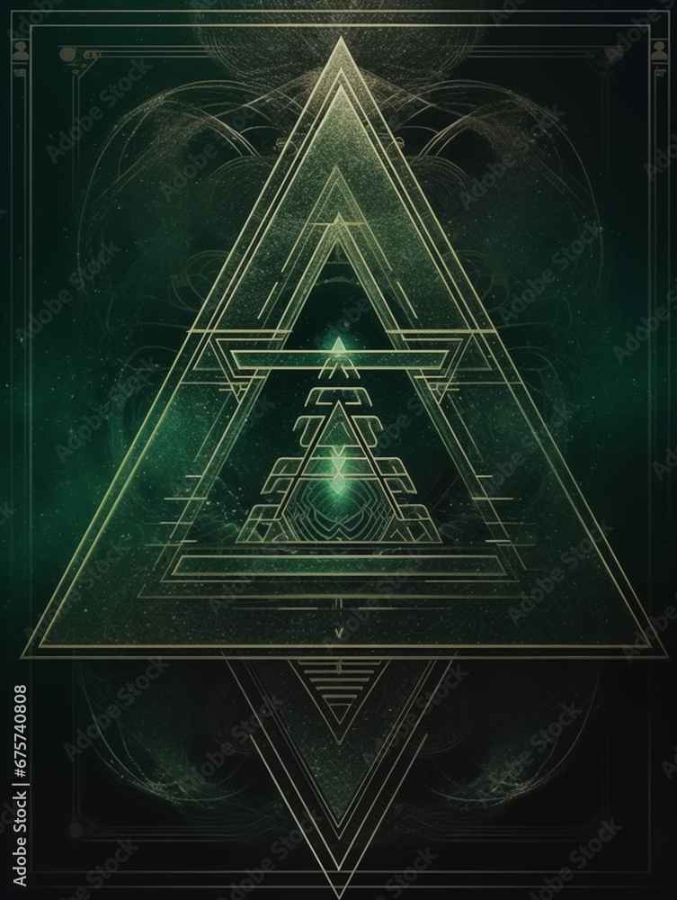 abstract sacred geometry, green background, gold triangle psychedelic ...