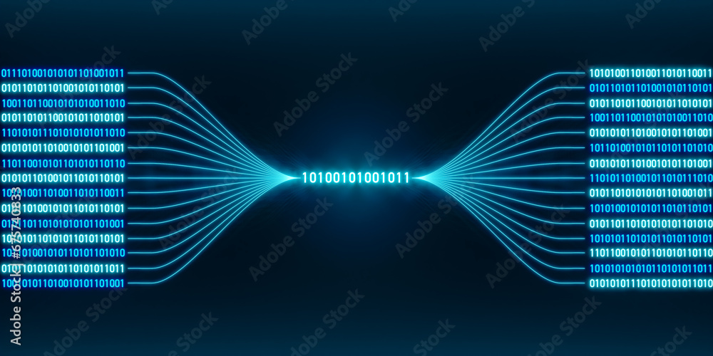 Binary flow chart with zero and one. Blue illuminated lines ...