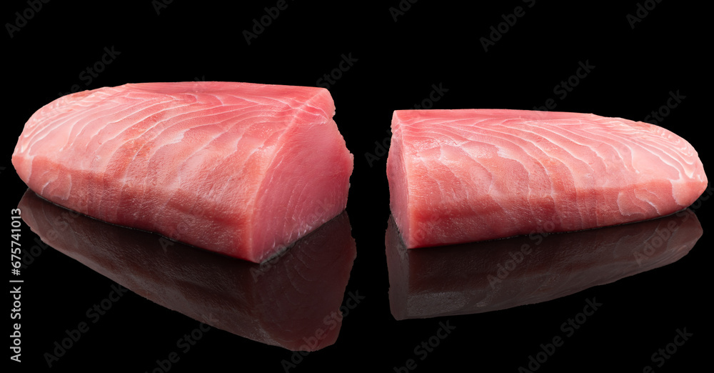 Yellow fin tuna steak isolated on black background. Fresh rare tuna ...