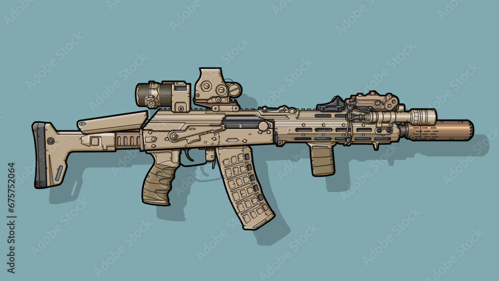 Close-up of a black AK 105 rifle with tactical tuning and collimator ...