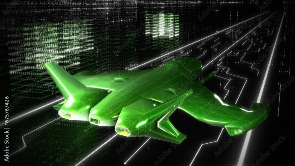 Entering the futuristic cyber environment. A green plane is passing ...
