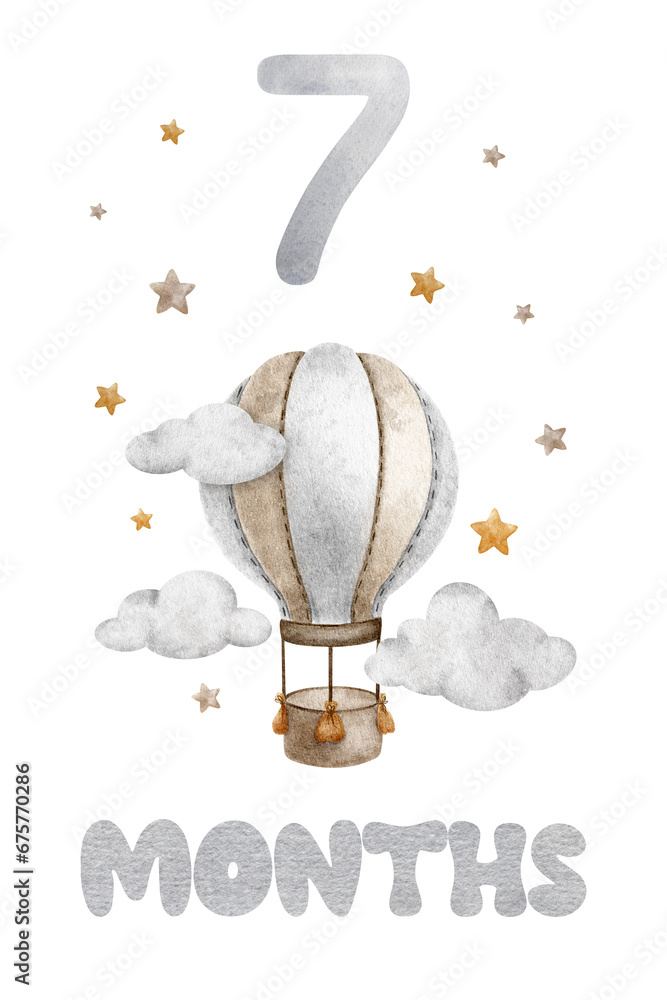 Baby Milestone Card with Beige Hot Air Balloon, clouds and stars. Baby ...