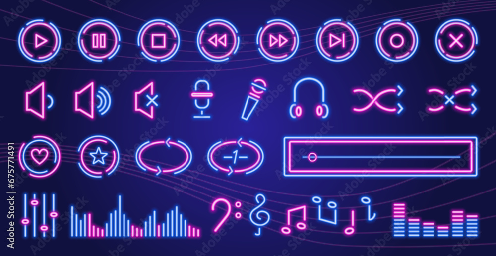 Neon glowing music icons, audio, sound, records, music players and ...