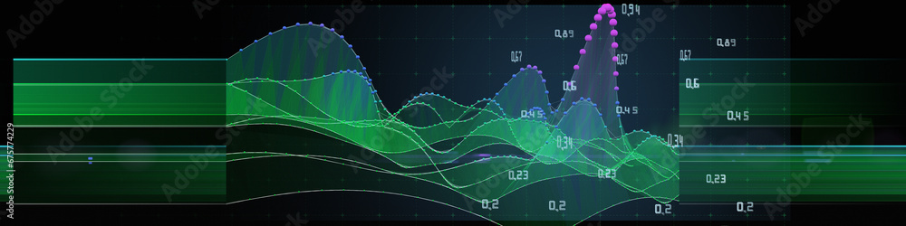 Abstract background waving wireframe grid from color spheres and ...