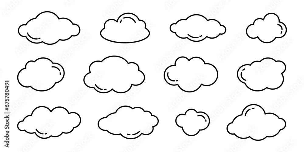 Vector set of cute doodle outline clouds. Simple cloud childish ...