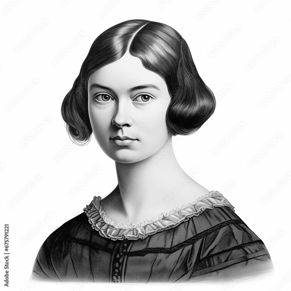 Black and white vintage engraving, headshot portrait of Emily Dickinson ...