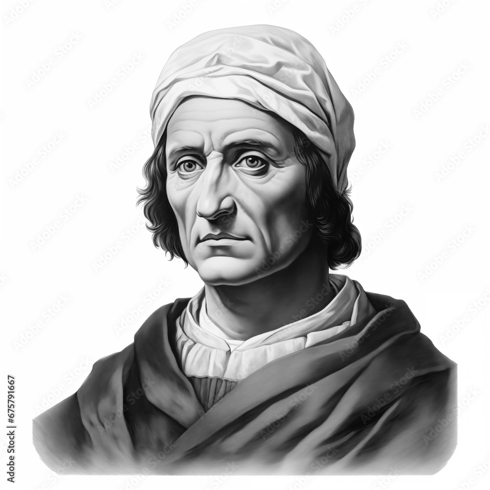 Black and white vintage engraving, headshot portrait of Dante Alighieri ...