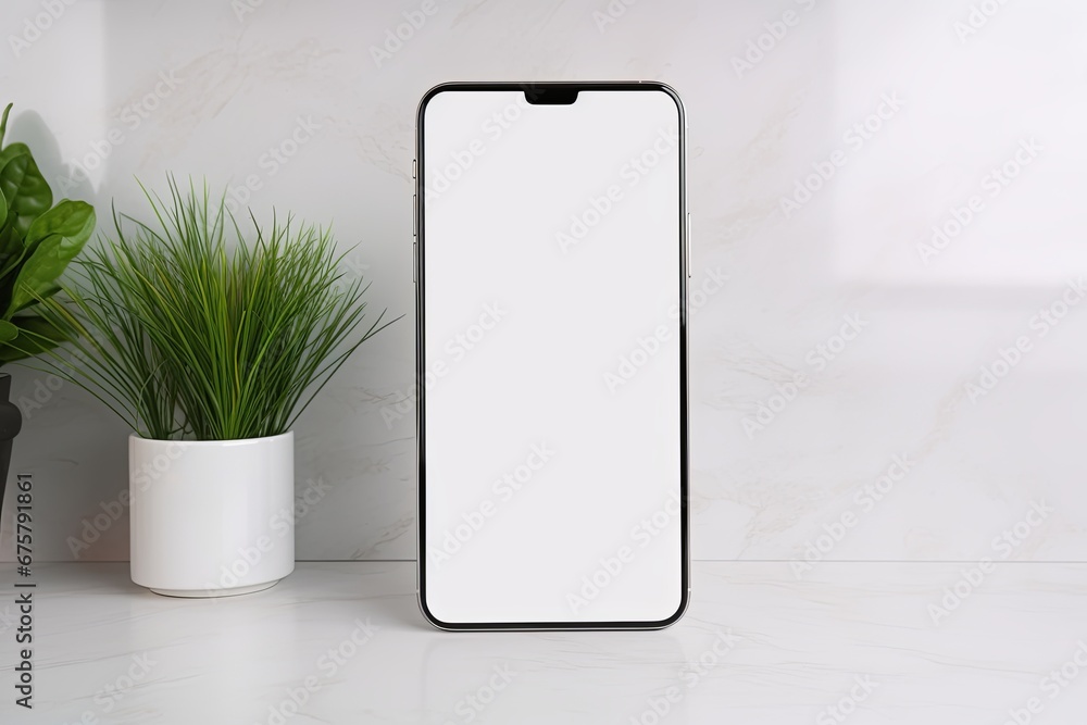 smartphone mockup white screen. mobile phone on Kitchen Background ...